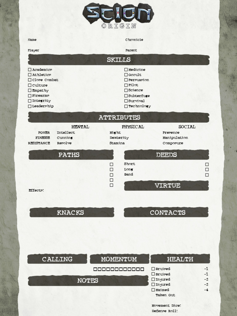 Scion 2e - Origin - Character Sheet [Fillable] | PDF | Role Playing Games | Role Playing Video Games