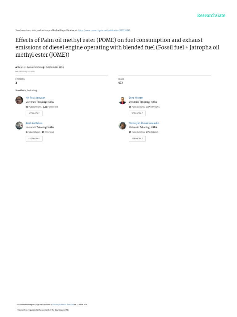 Effects of Palm Oil Methyl Ester POME On Fuel Cons | PDF | Combustion ...