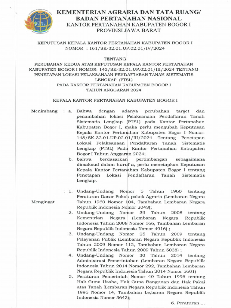 Perubahan Kedua SK Penlok PTSL 2024 Fix | PDF