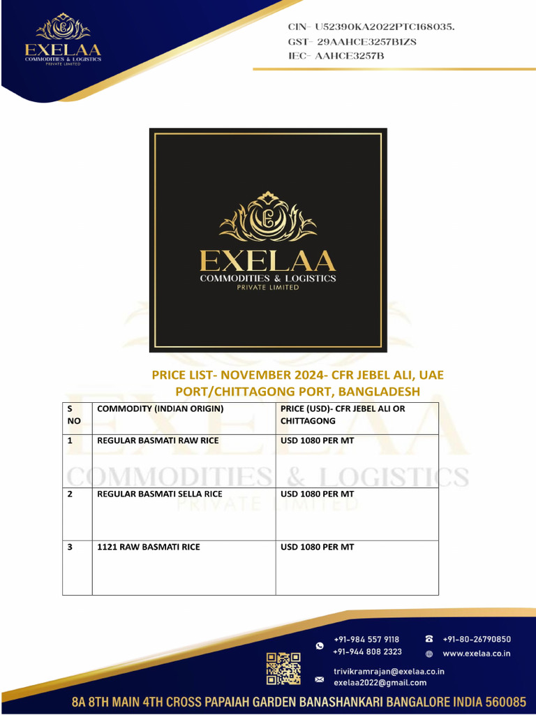 Exelaa Rice Price List November Jebel Ali and Chittagong | PDF