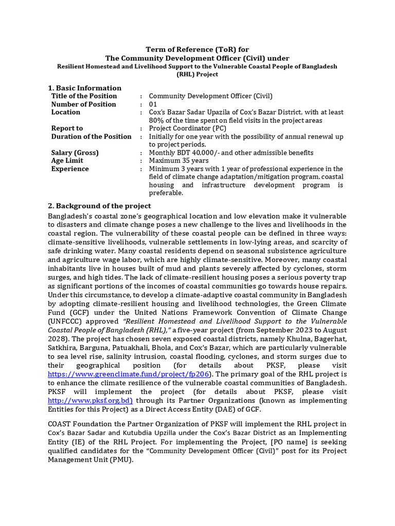 ToR For Community Development Officer (Civil) - RHL | PDF | Climate ...