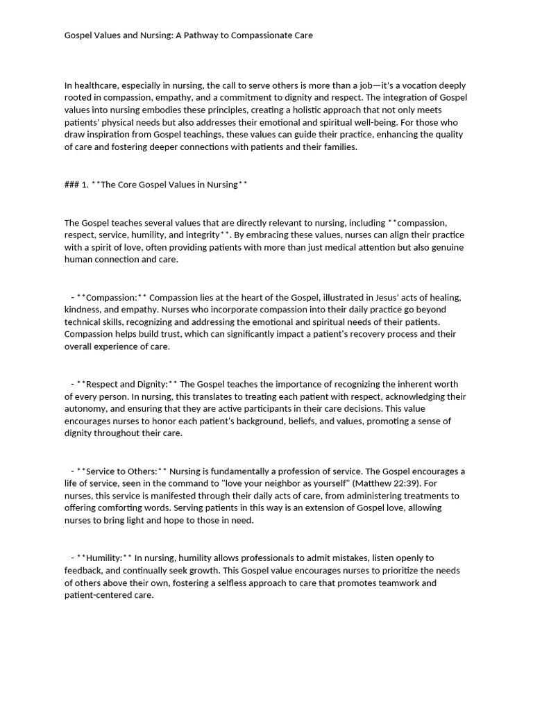Gospel Values in Nursing Care | PDF | Nursing | Compassion