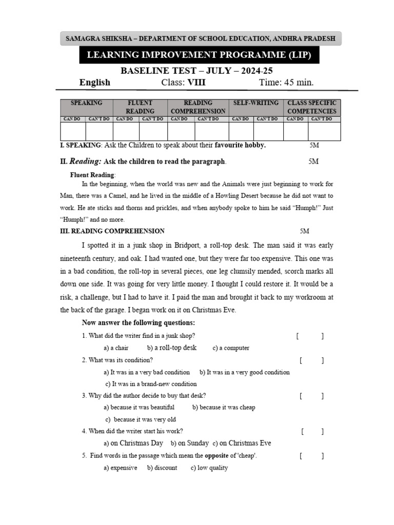 8th English Baseline Test | PDF | Cognitive Science | Human Communication