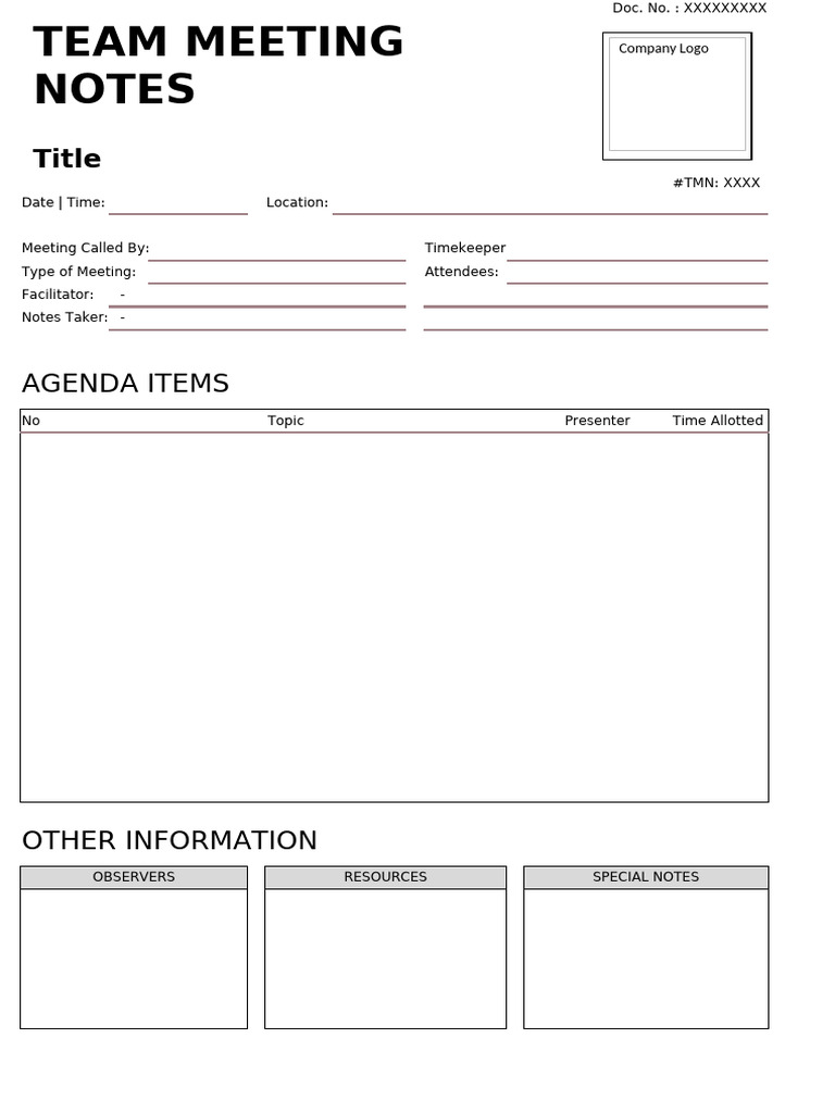 Team Meeting Notes - Blank | PDF