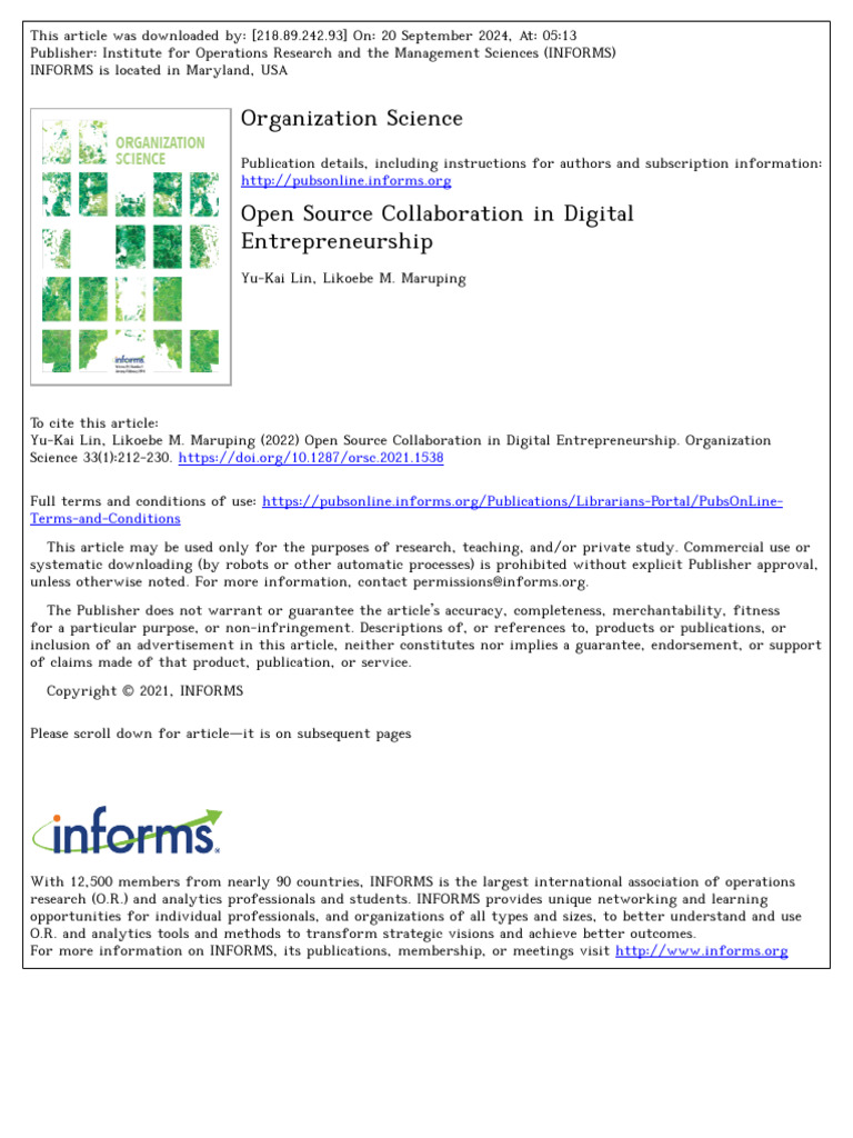 Lin Maruping 2021 Open Source Collaboration in Digital Entrepreneurship | PDF | Entrepreneurship ...