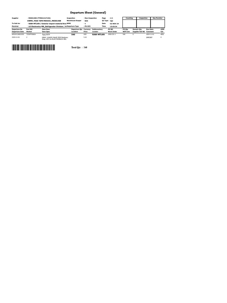 Departure Sheet for LG Electronics Shipment | PDF