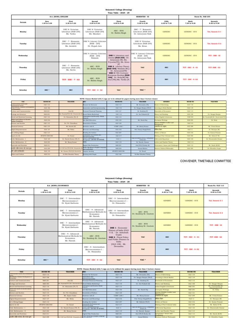 Tut, Generic G 1: Satyawati College (Evening) Time Table: 2024 - 25 ...
