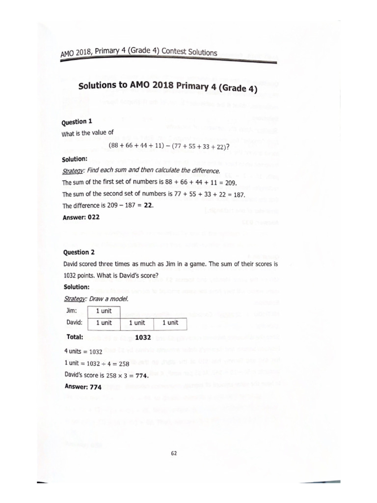AMO 2018, Primary 4 (Grade 4) Contest Solutions | PDF