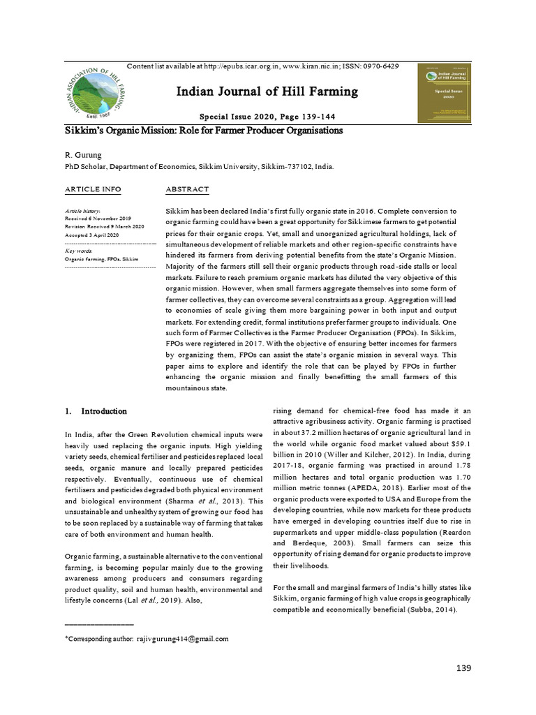 Indian Journal of Hill Farming: Sikkim's Organic Mission: Role For ...