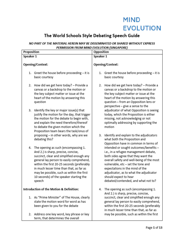 The World Schools Style Debating Speech Guide | PDF | Argument