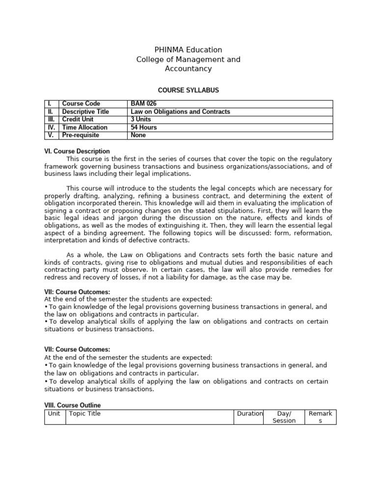 BAM-026-COURSE-SYLLABUS | PDF | Law Of Obligations | Annulment