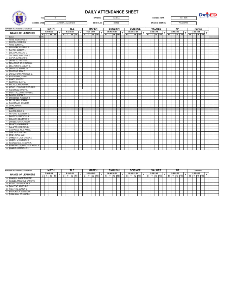 Daily Attendance Sheet 2024-2025 | PDF