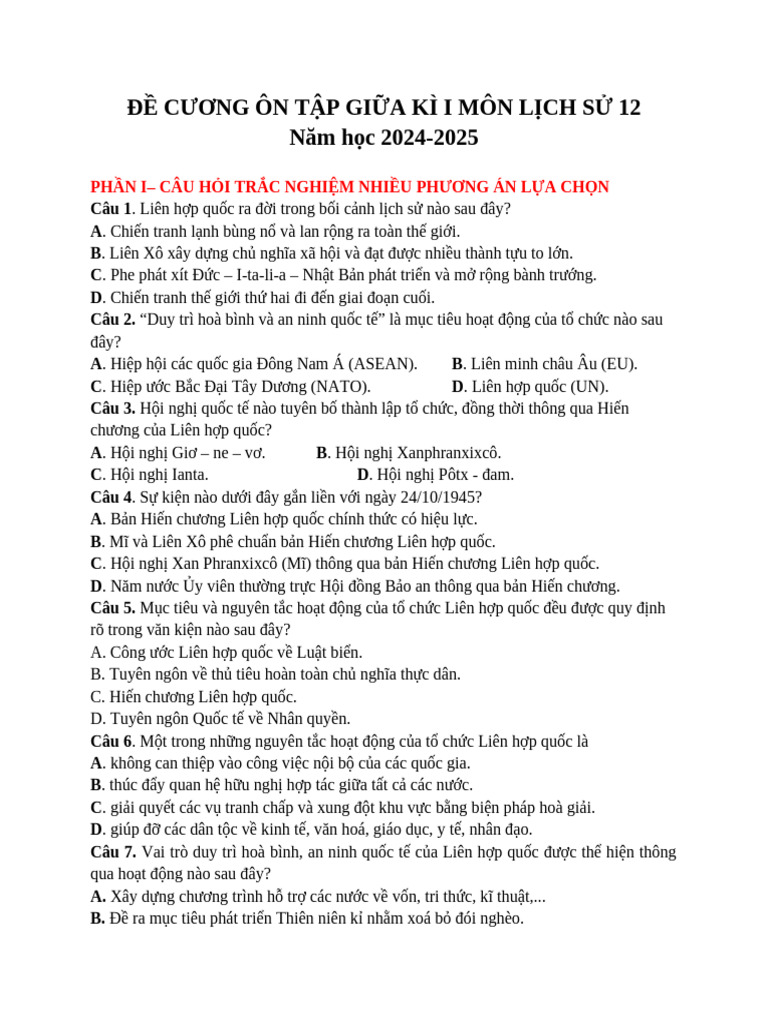 ĐỀ CƯƠNG ÔN TẬP GKI SỬ 12 | PDF