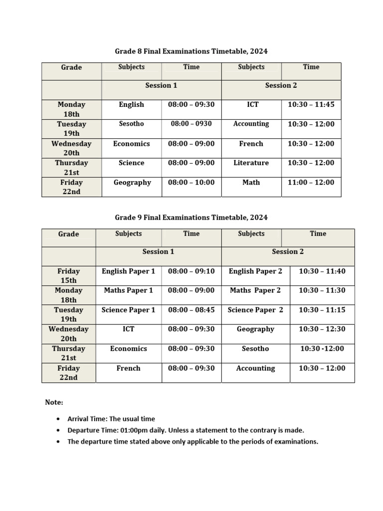 Grade 8 & 9 Timetable-1 - 241103 - 221013 | PDF