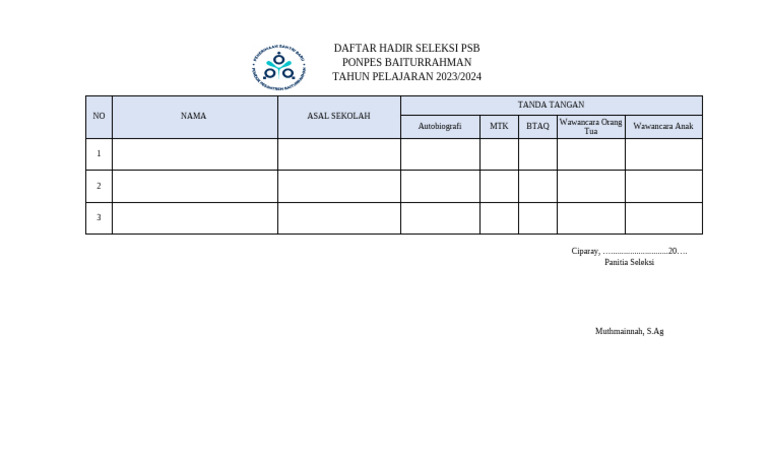 Daftar Hadir Seleksi PSB | PDF