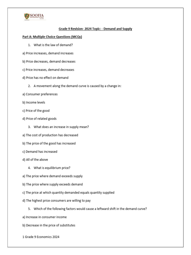 Grade 9 Revision-2024 Topic: - Demand and Supply Part A: Multiple ...