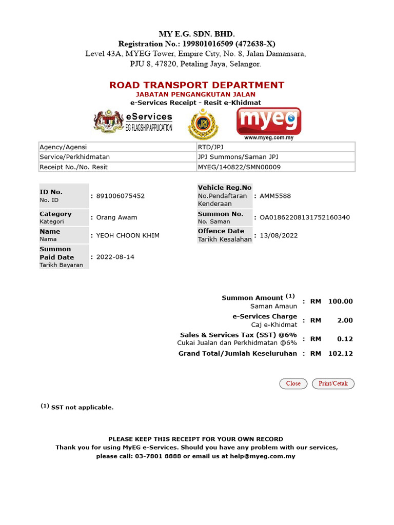 JPJ Summons Payment Receipt | PDF