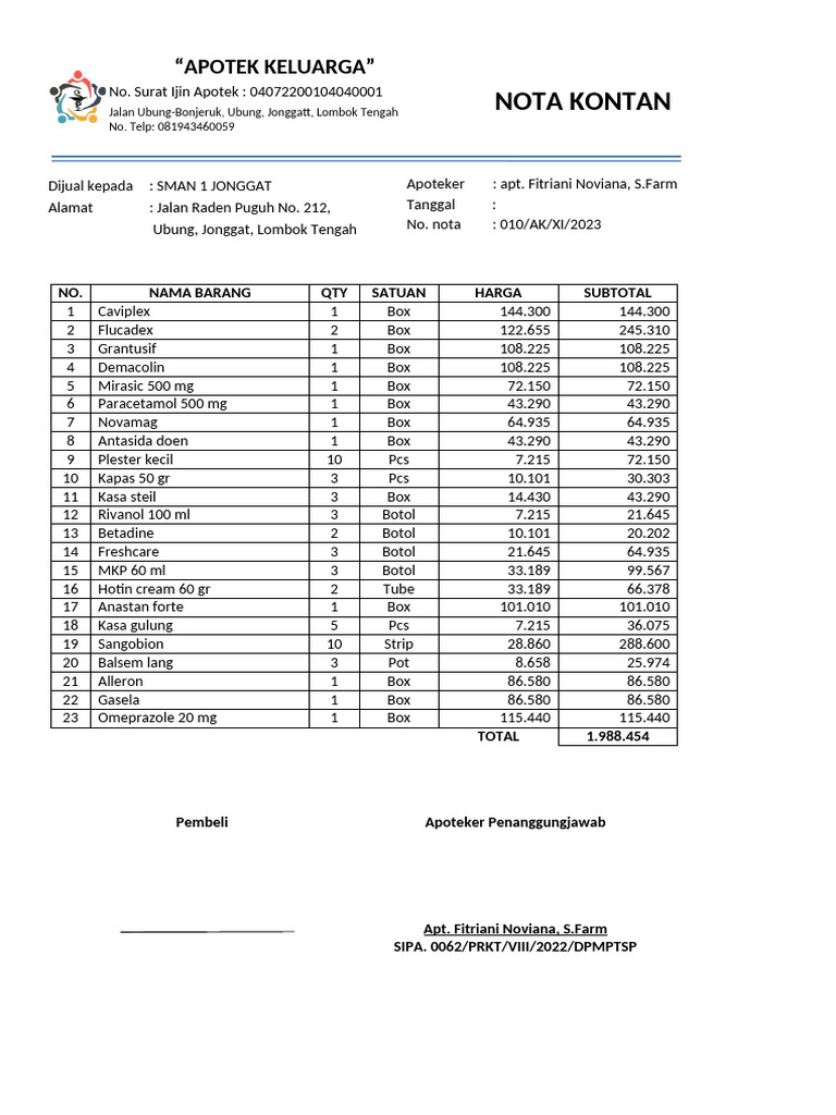 Daftar Obat dan Alat Kesehatan di Nota Apotek | PDF
