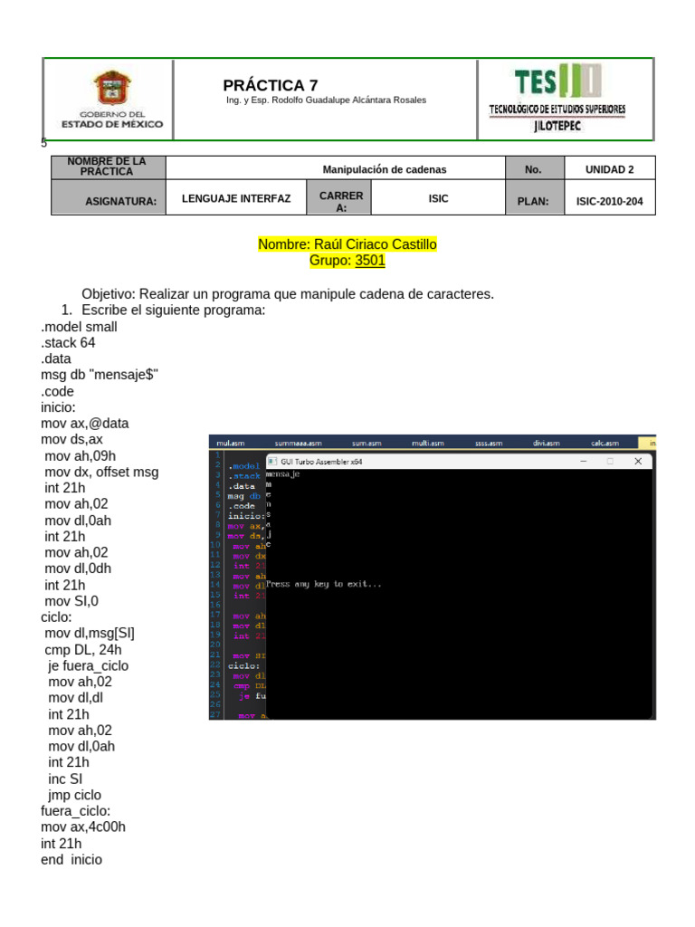 Prac 7 Manejo Cadenas Raúl Ciriaco Castillo | PDF | Desarrollo de software | Software