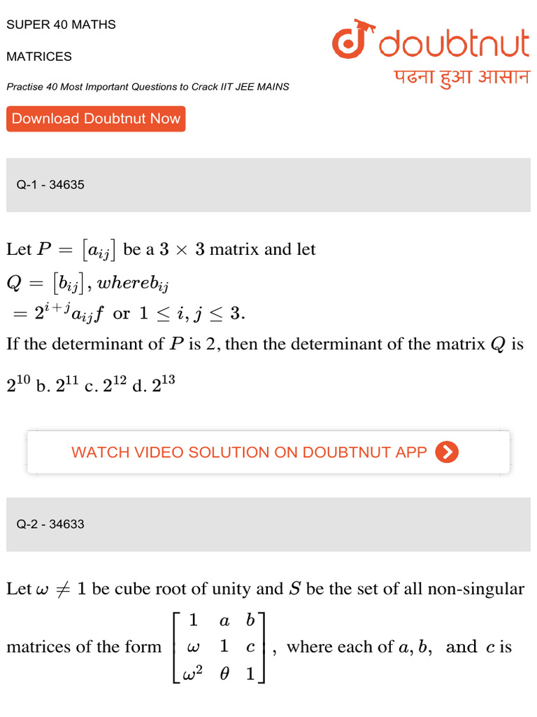 Super 40 Maths Matrices | PDF | Matrix (Mathematics) | Determinant