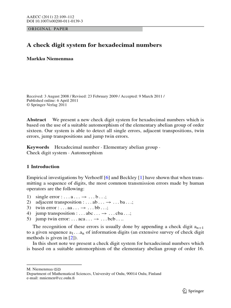 A Check Digit System For Hexadecimal Numbers: Markku Niemenmaa | PDF ...