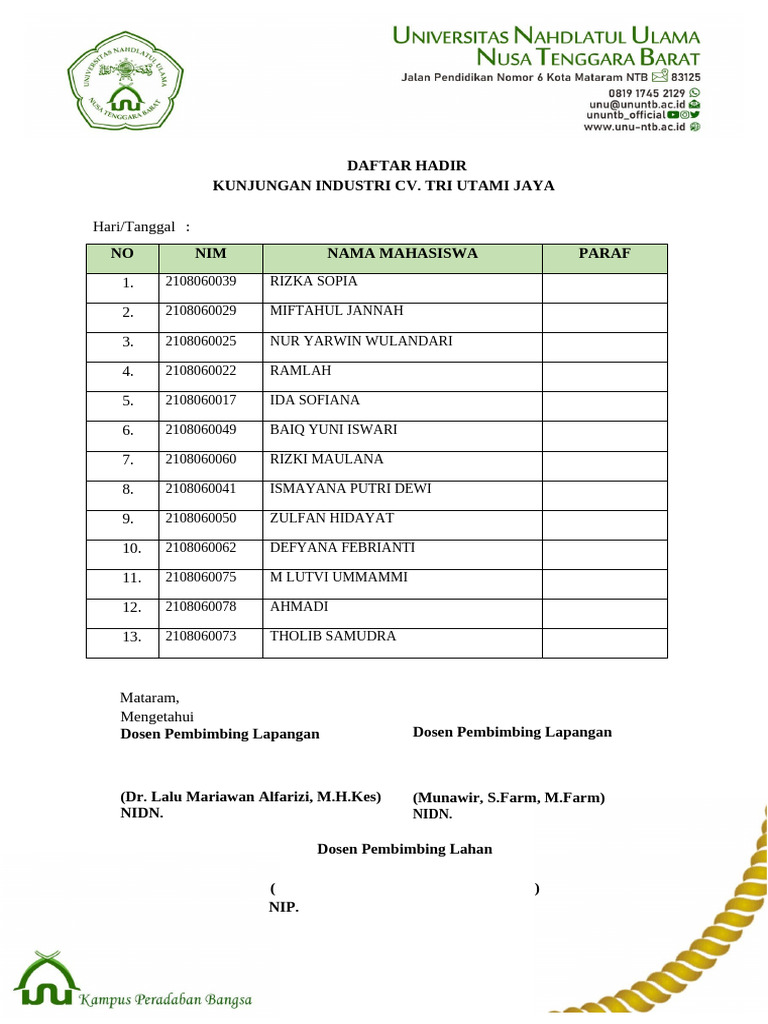 Daftar Hadir Kunjungan Cv. Tri Utami 2 | PDF | Griya & Taman | Teknologi & Rekayasa