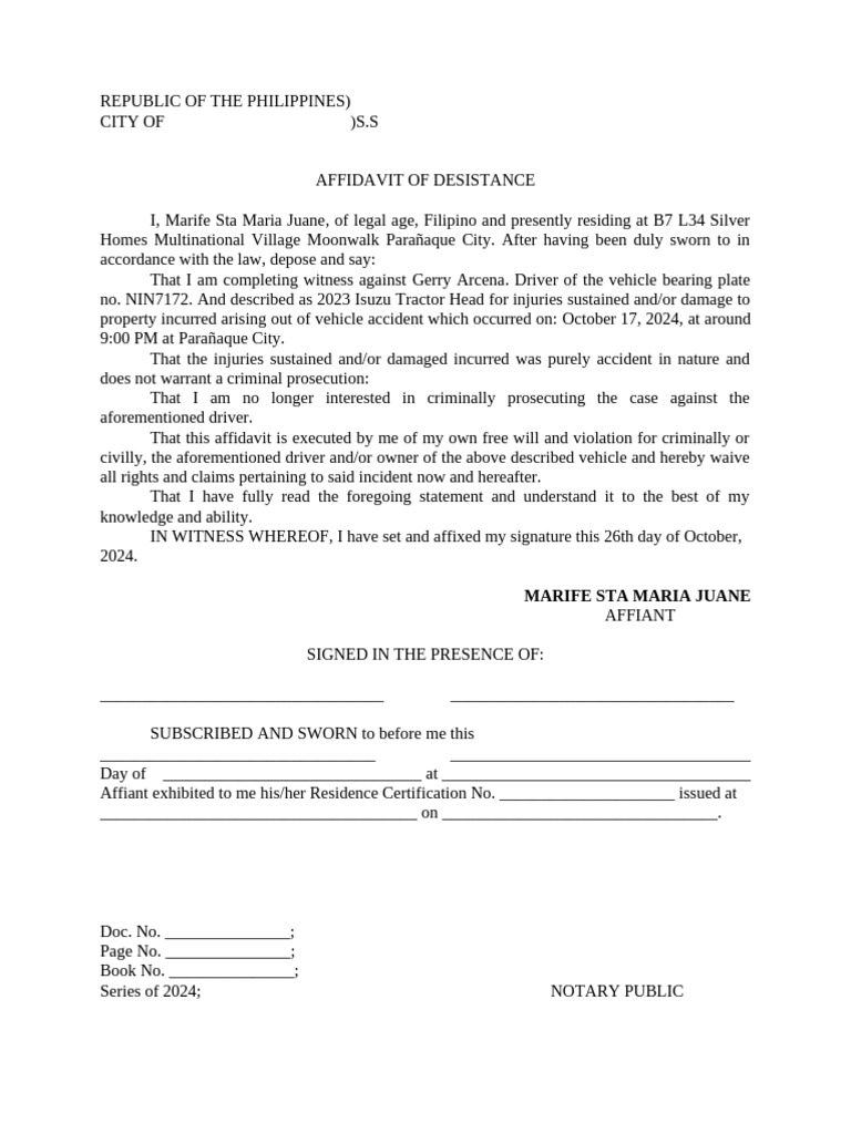 Affidavit of Desistance for Accident | PDF | Finance & Money Management