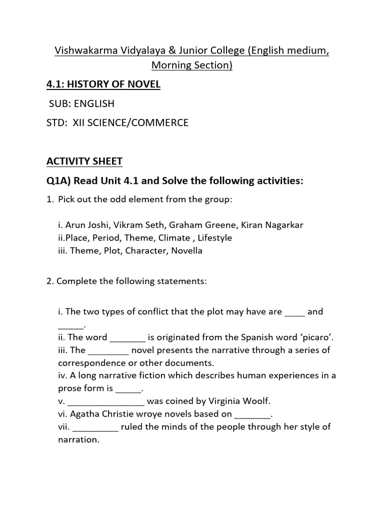 4.1 Novel Activity Sheet | PDF | Young Adult | General Fiction