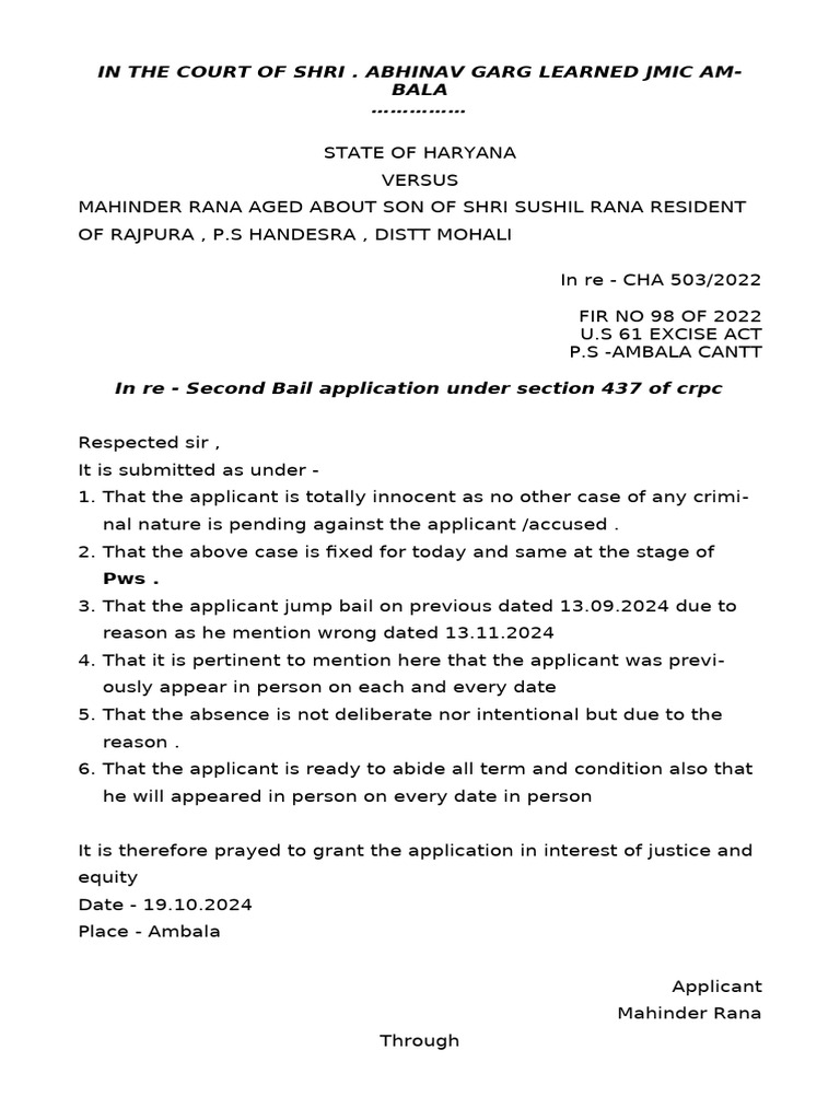 Mahinder Bail Application | PDF | Affidavit | Public Law