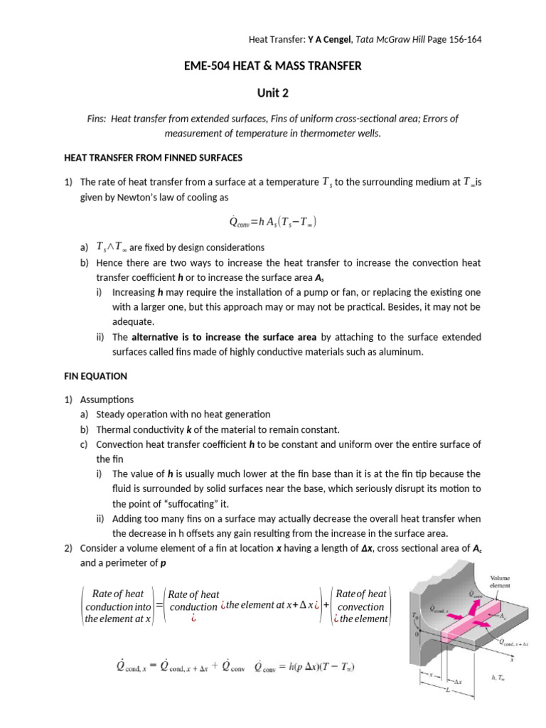 EME-504 HMT Unit 2 Chapter 1 Fins | PDF | Heat Transfer | Heat