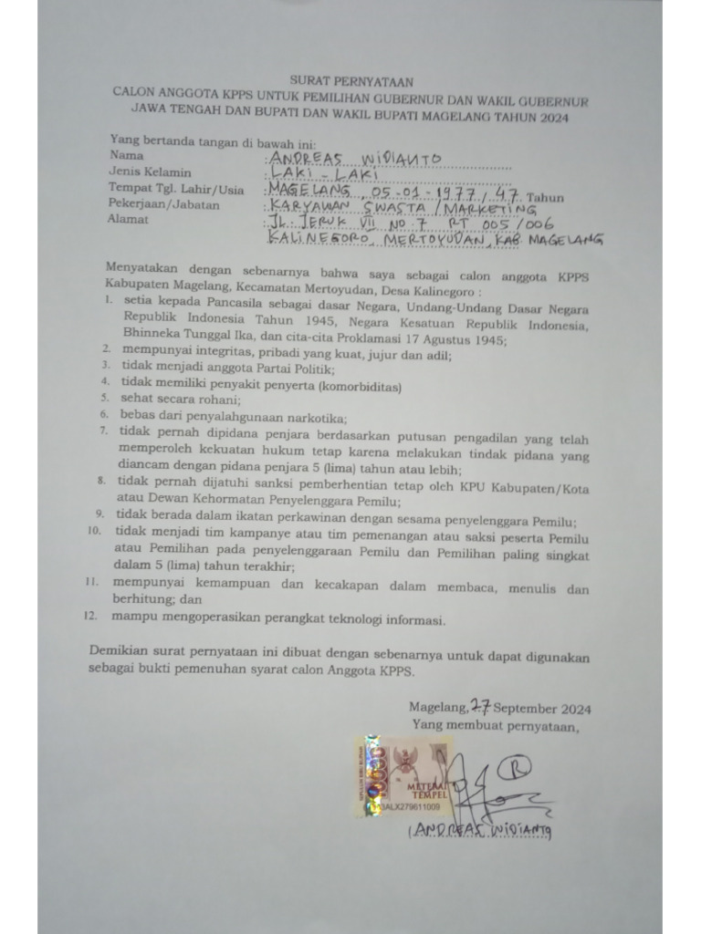 Surat Pernyataan - Widi Anto | PDF