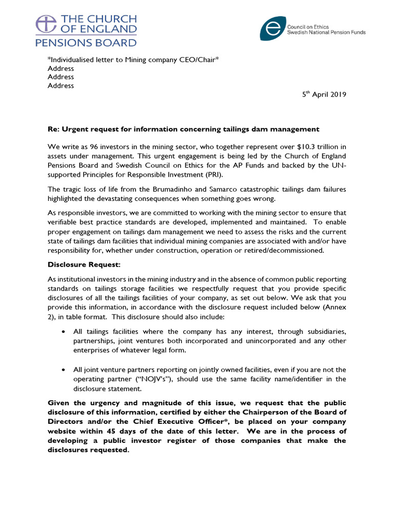 Disclosure Letter To The Extractive Industry | PDF | Dam | Mining