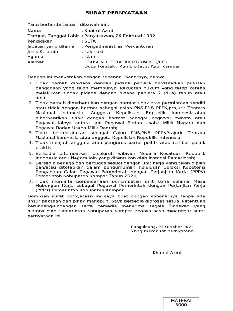 Surat Pernyataan Khairul Azmi 2024 | PDF