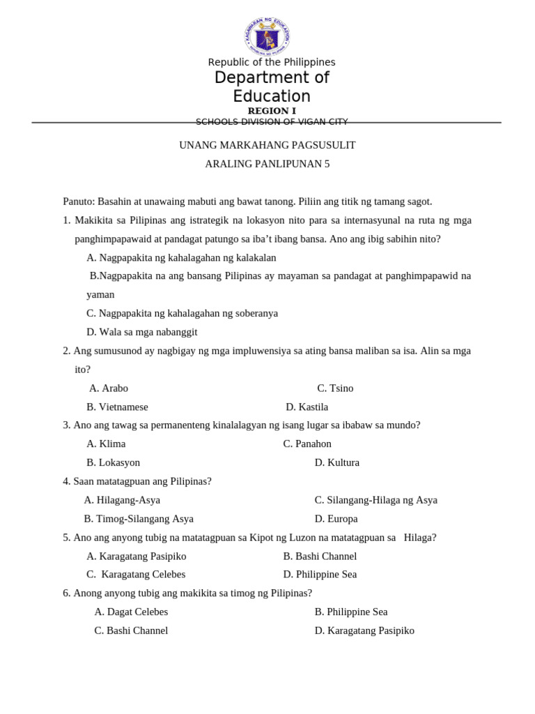 Unang Markahang Pagsusulit Ap | PDF