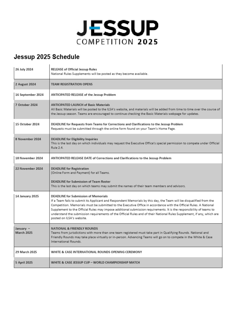 Jessup 2025 Official Schedule | PDF | Finance & Money Management | Law