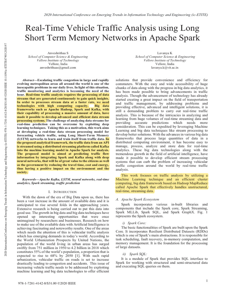 Real-Time Vehicle Traffic Analysis Using Long Short Term Memory Networks in Apache Spark | PDF ...