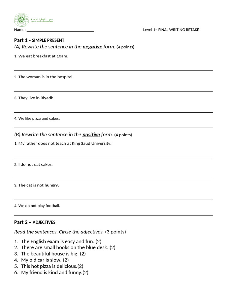 L1 Final Writing Exam - Retake | PDF | Noun | Adjective