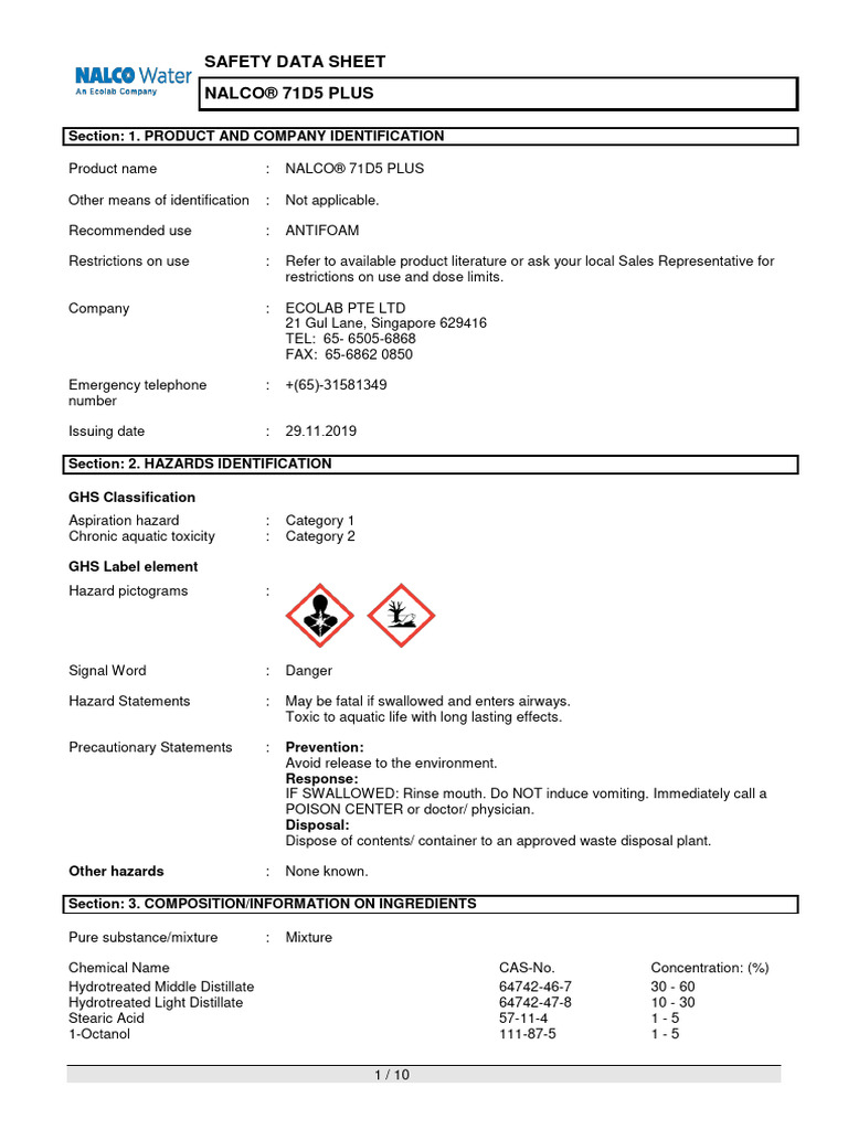 Sds Nalco Na 2019 1129 Nalco 71d5 Plus Output | PDF | Dangerous Goods | Toxicity