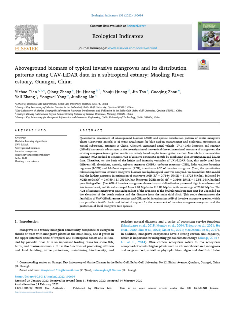 Aboveground Biomass of Typical Invasive Mangroves and Its Distr 2022 Ecologi | PDF | Machine ...