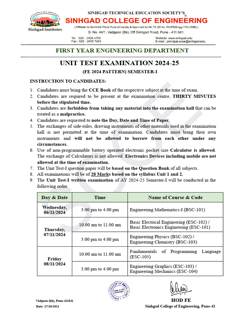Unit Test-I Time Table 2024-25 Sem-I | PDF | Science Education ...
