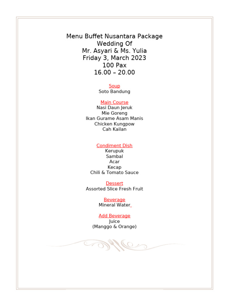 Nusantara Buffet Menu for Wedding | PDF