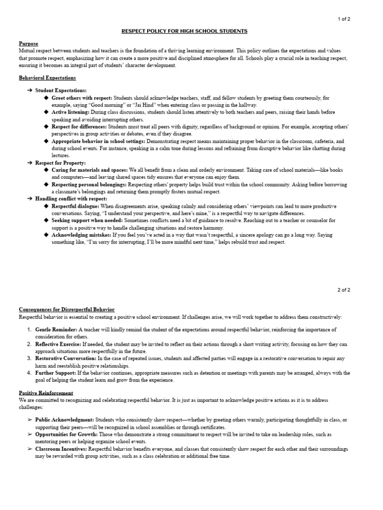 RESPECT POLICY FOR HIGH SCHOOL STUDENTS | PDF | Teachers | Behavior Modification