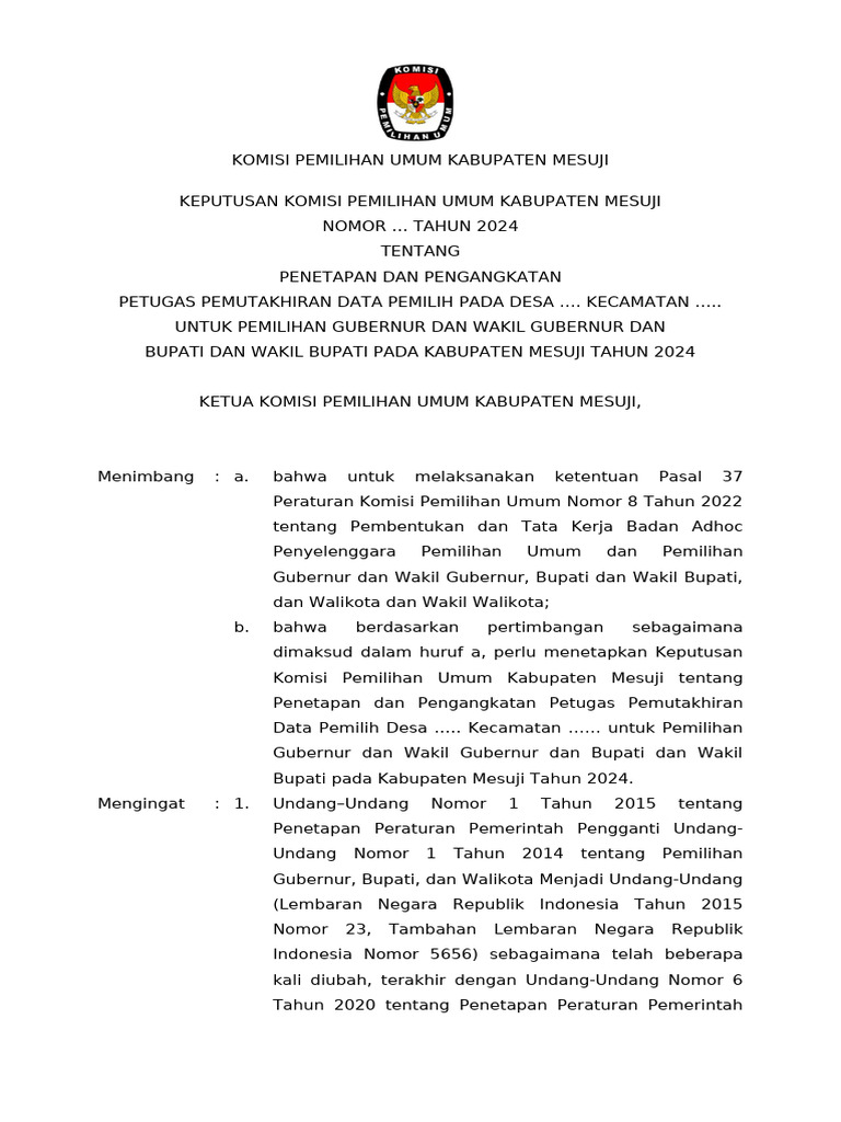 Draft SK Pantarlih Pilkada 2024 | PDF