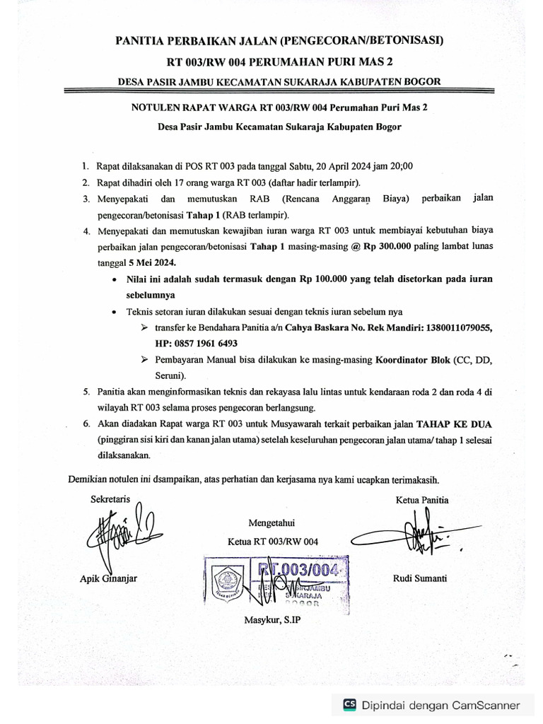 Notulen Rapat RT 003, RAB, Iuran Warga | PDF