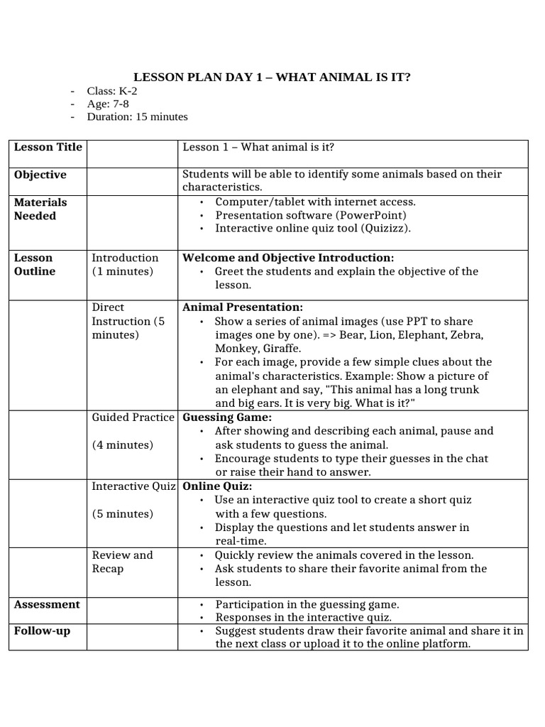 Lesson Plan 1 What Animal Is It PDF Microsoft Power Point Elephant