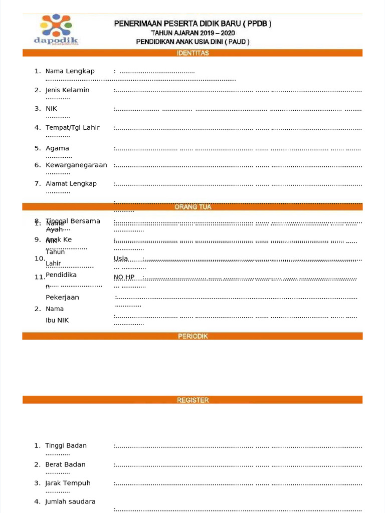PDF Formulir Pendaftaran Siswa Paud TK KB Tpa Doc Tahun Ajaran 2019 2020 WWW Dapodikco Id ...