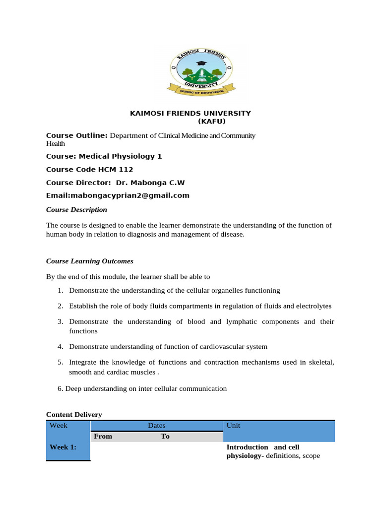 Medical Physiology Course Outline KAFU | PDF | Lymph | Osmosis
