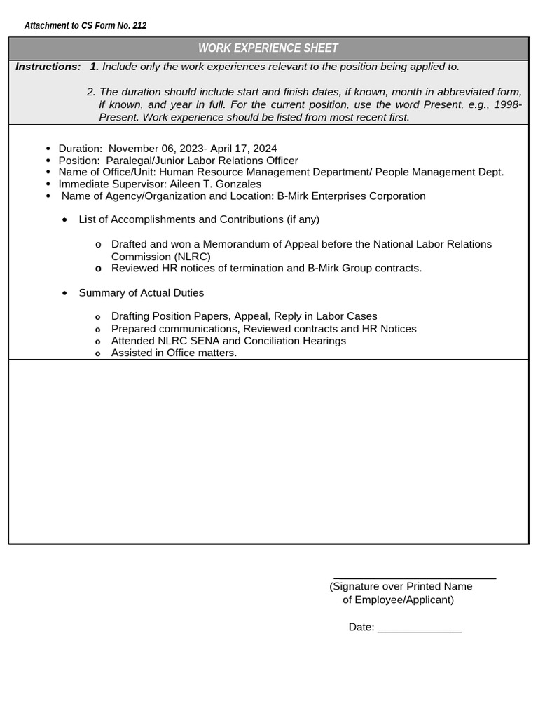 Work Experience Sheet for Paralegal Position | PDF