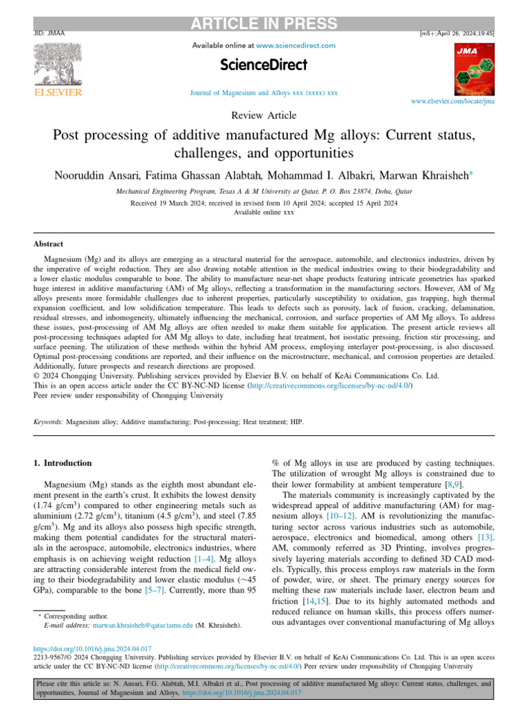 Ansari et al., JMA, 2024, Post processing of additive manufactured Mg ...