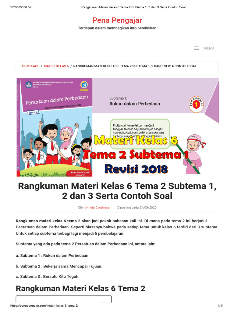 Rangkuman Materi Kelas 6 Tema 2 Subtema 1, 2 Dan 3 Serta Contoh Soal | PDF